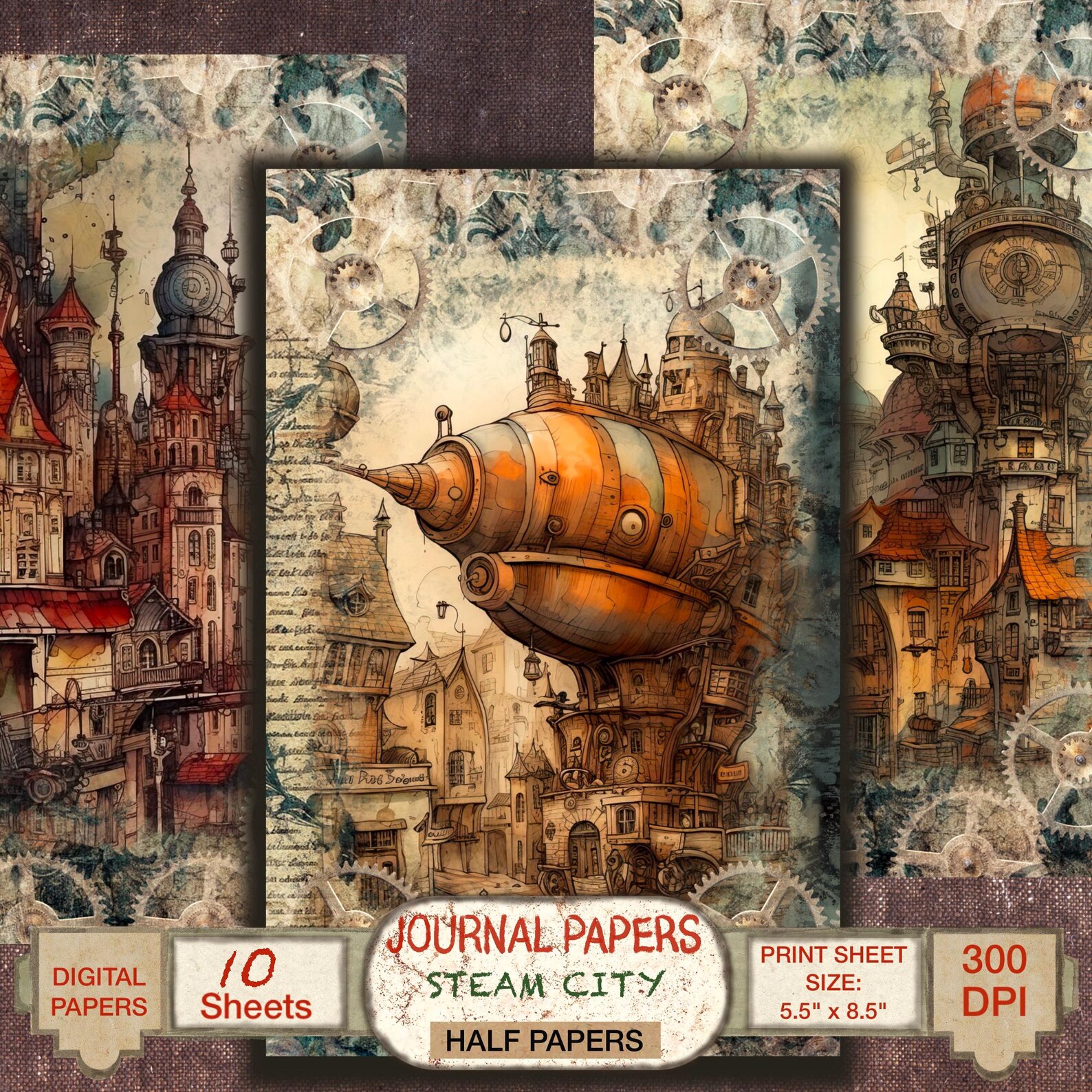 Steampunk Junk Journal Page Printable Grunge Cityscape Scrapbook Half ...