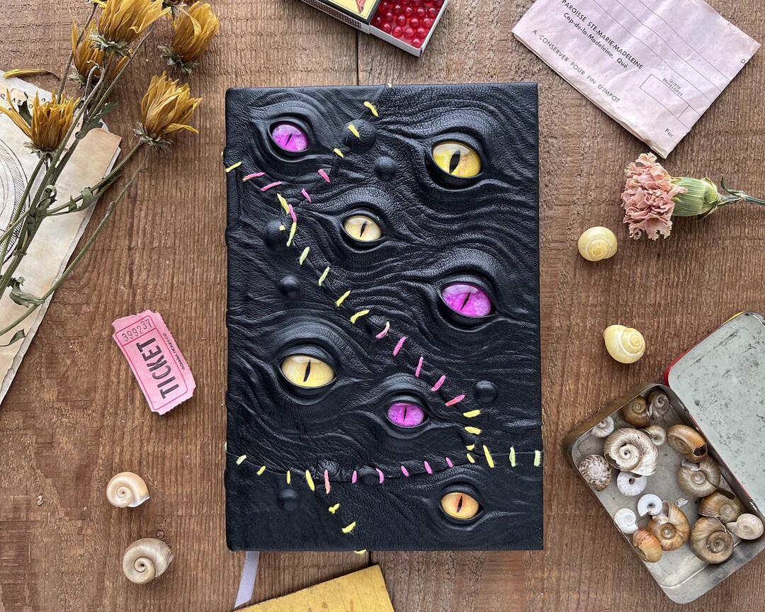 The Watcher - Yellow and Pink Eyes Handmade - Medium Size Leather Book ...