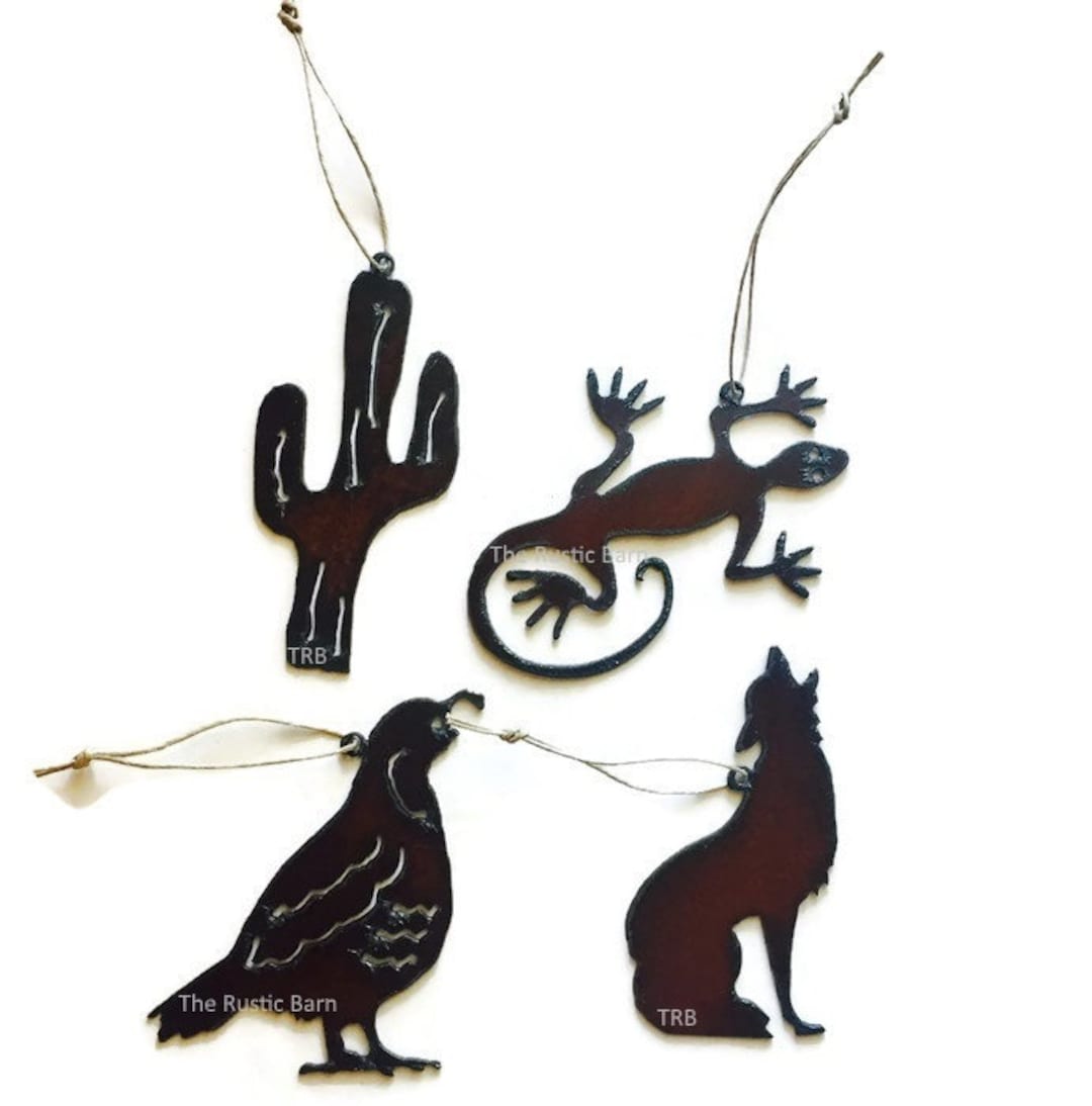 SOUTHWEST QUAIL CACTUS Kokopelli Coyote Ornament Made of Rustic Rusty ...