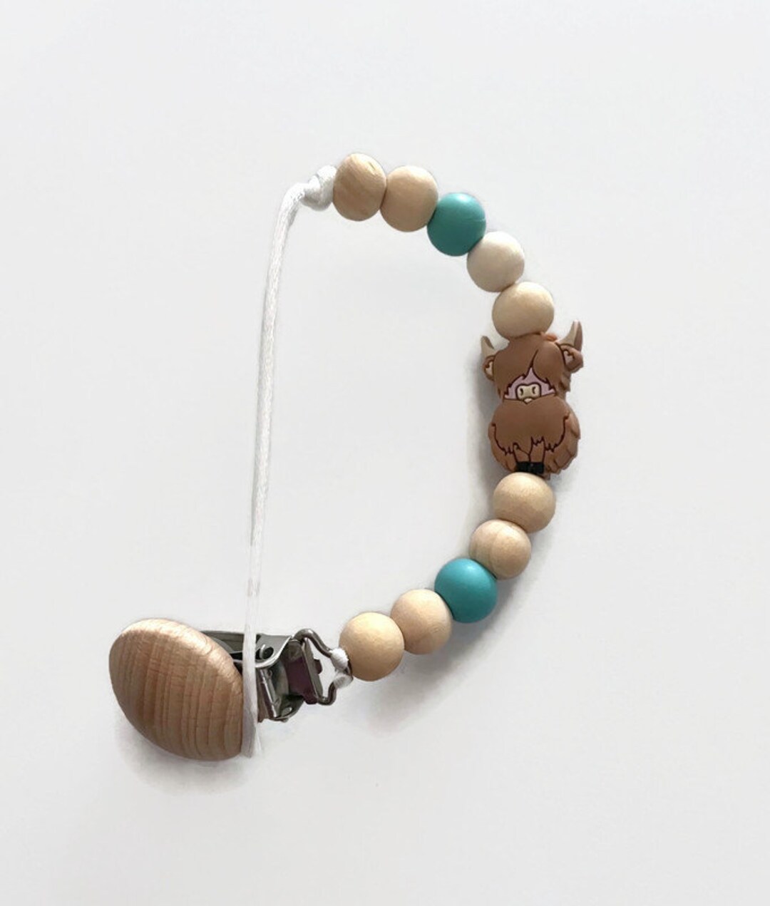 HIGHLAND COW TAN Paci Clip With Silicone Cow and Wood Beads With Paci ...