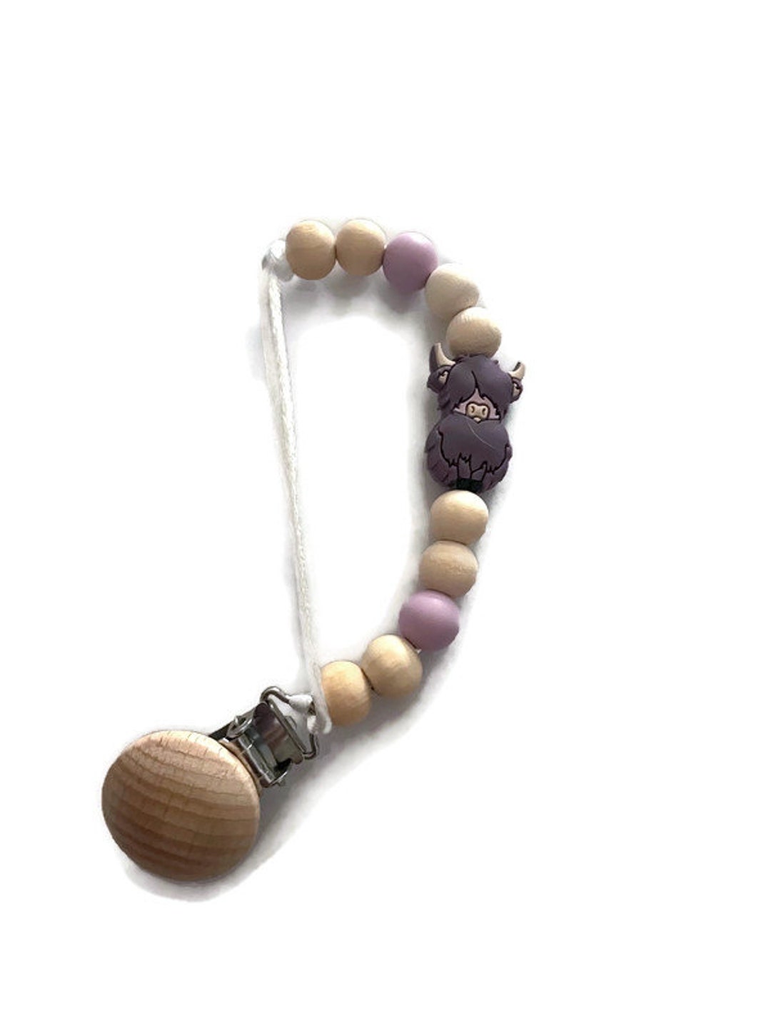 HIGHLAND COW PURPLE Paci Clip With Silicone Cow and Wood Beads With ...