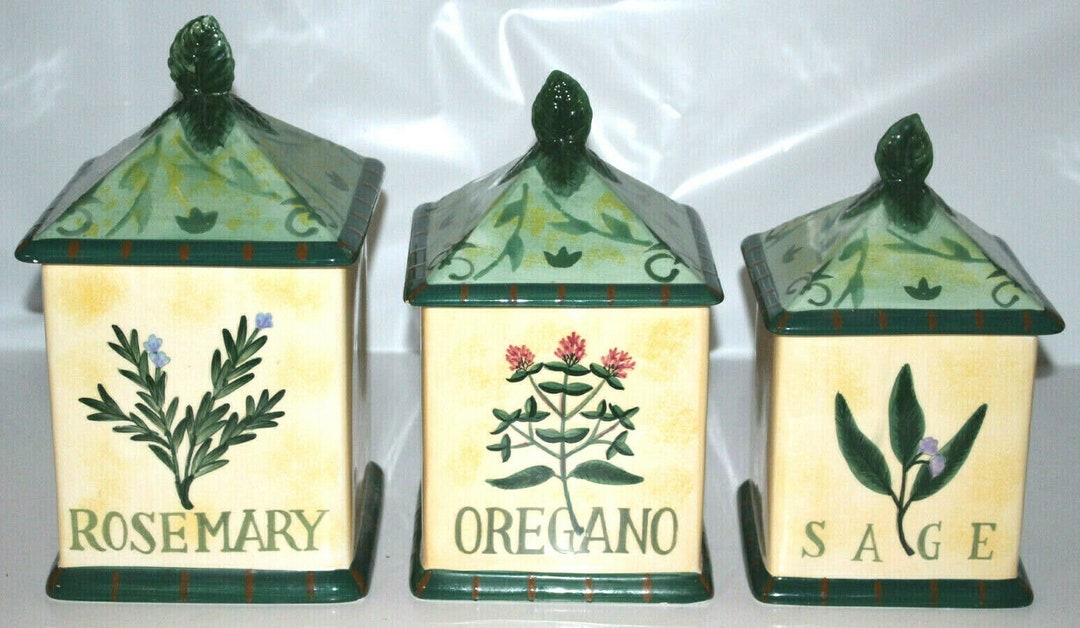 Jennifer Brinley Ceramic Herb Design Canister Set Rosemary Oregano Sage ...