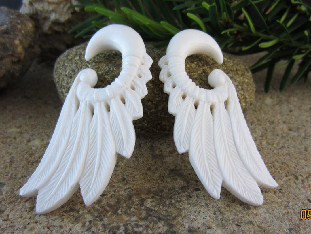 SALE 9mm Carved Bone Seraphim Wing Gauged Earrings, Organic Gauge, Body ...