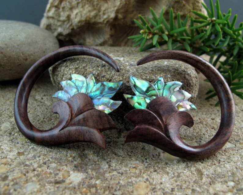 Pair of 4g-5mm Real Gauge Hand Carved Sono Wood and Paua Shell, Tribal ...