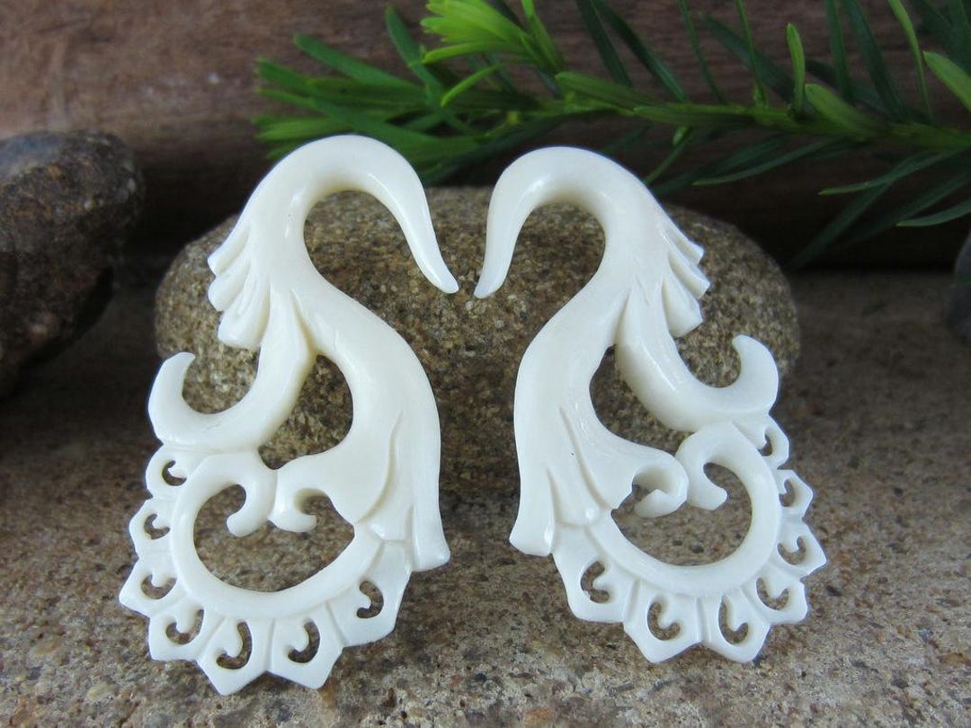 One Pair of 2G Carved Bone Tribal Gauged Earrings, Organic Gauge, Body ...