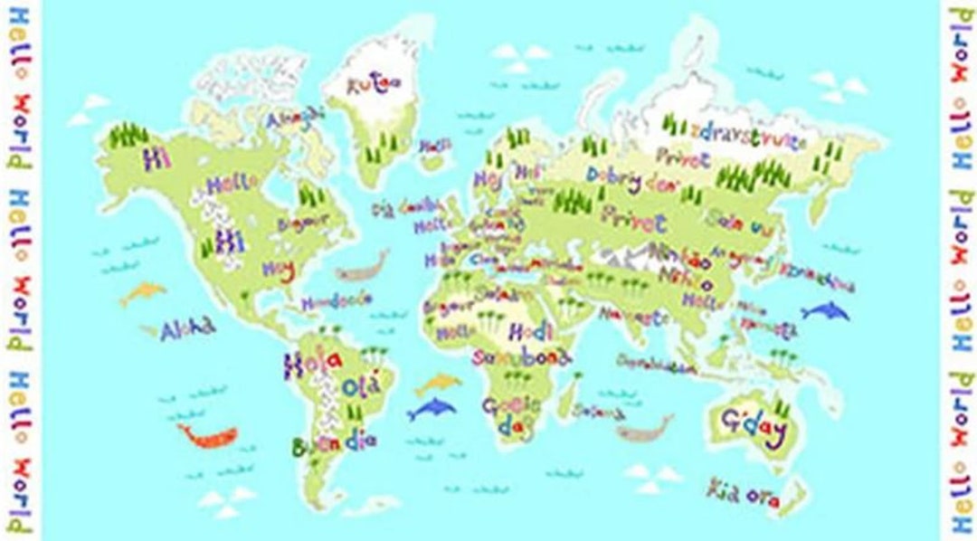 Hello World Map 24x45 Fabric Panel by Northcott 5 - Etsy