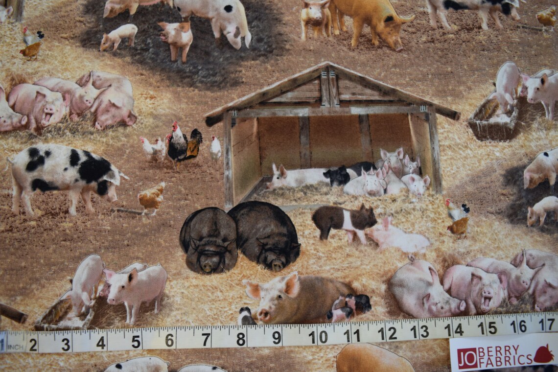 Pig Fabric Farm Pig Animals by Elizabeth Studio Quilt or | Etsy