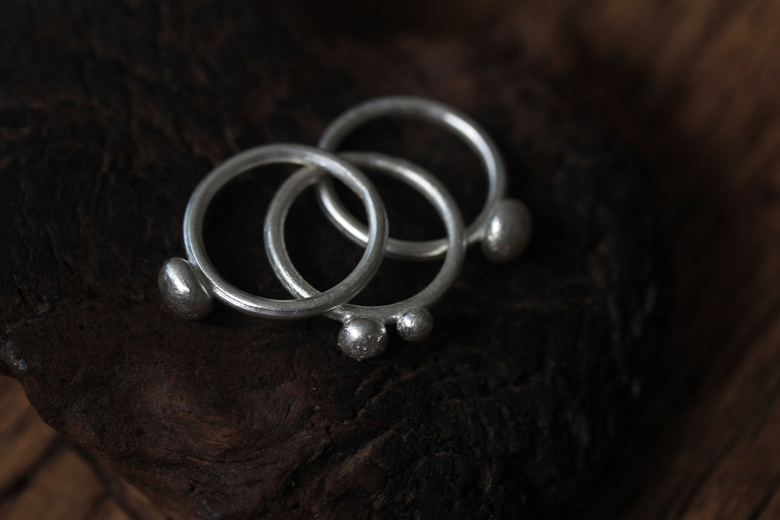Set of Three Stackable Handmade Silver Rings With Organic-shape Beads ...