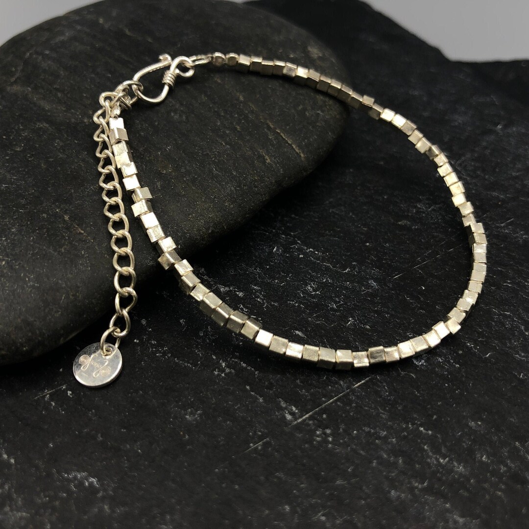 Silver Cube Beads Bracelet With Adjustable Chain B0073 - Etsy