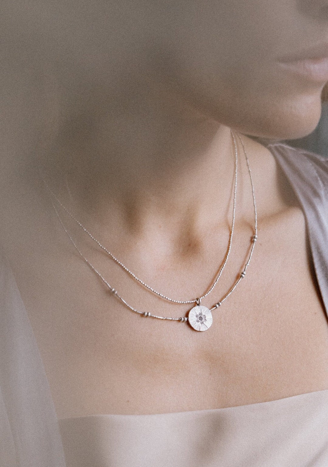 Two Layer Silver Beads Necklace With Flower Pattern Pendant*silver ...