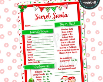 Secret Santa Questionnaire Printable | Christmas Party Game | Holiday ...