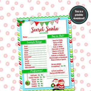 Secret Santa Questionnaire Printable | Christmas Party Game | Holiday ...