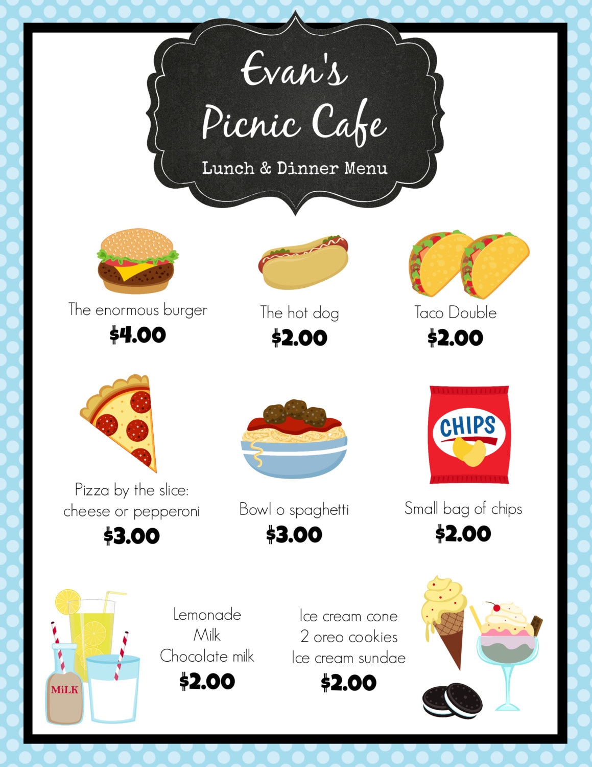 Play Restaurant / Diner MENU Set Printable Download Kids - Etsy