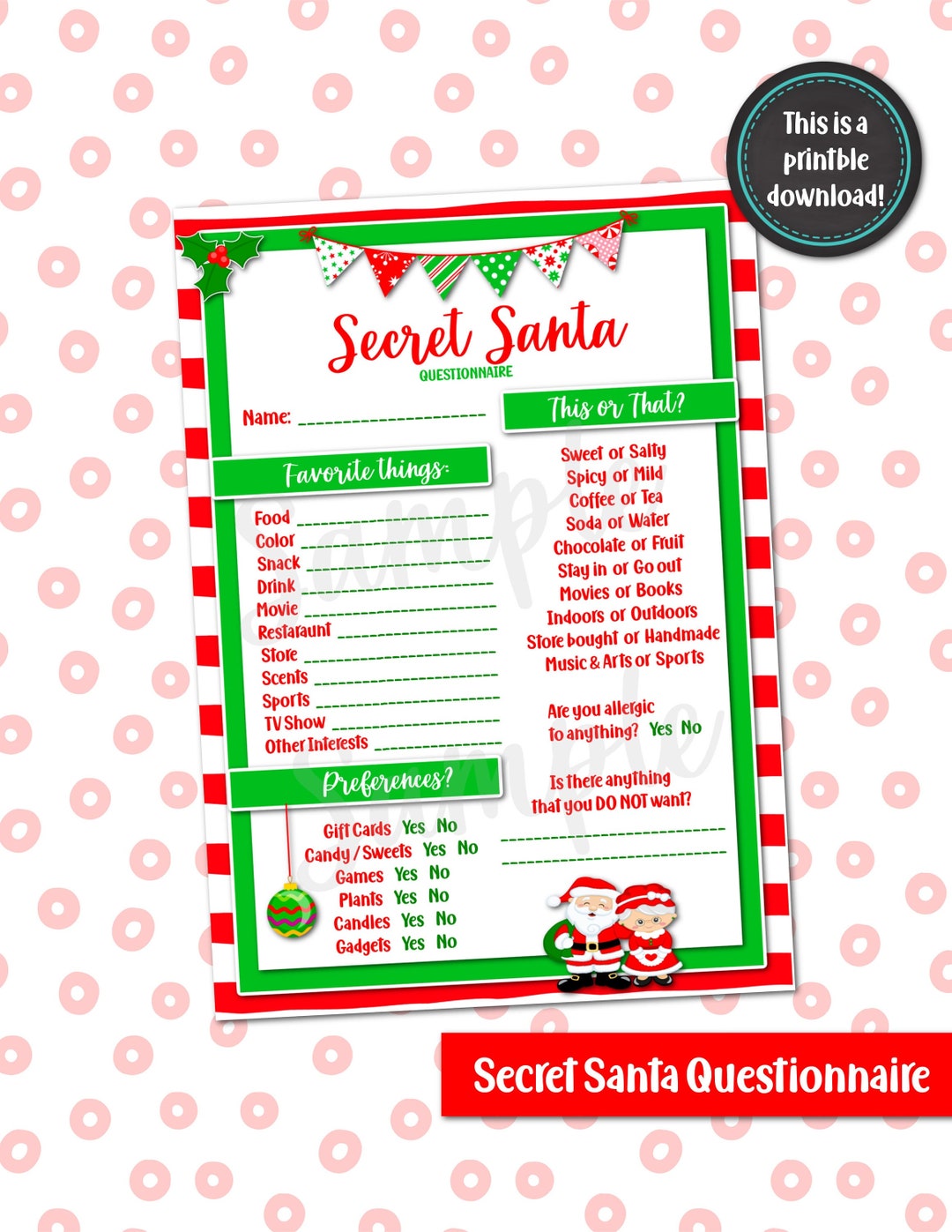 Christmas Printable SECRET SANTA Printable Questionnaire Stripes ...
