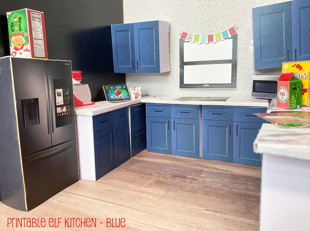 Elf KITCHEN Mini Elf Size BLUE Cabinets & Refrigerator Christmas Props ...