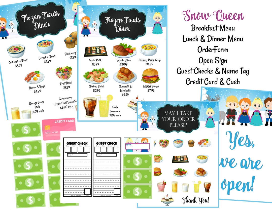 Snow Queen MENU Set - PERSONALIZED Dramatic Play Restaurant / Diner ...