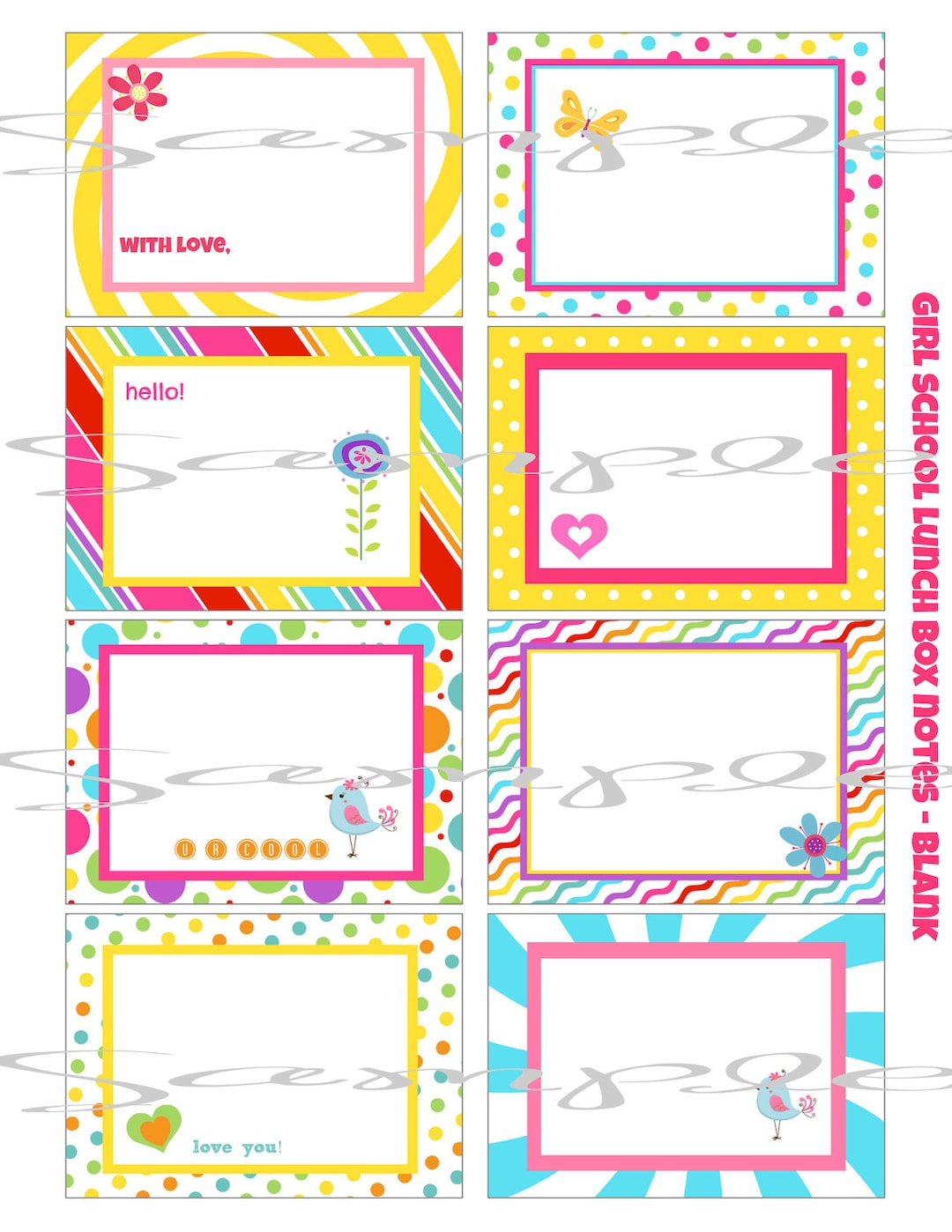 INSTANT Download Girl School LUNCH BOX Blank Notes 8 Printable Lunchbox ...