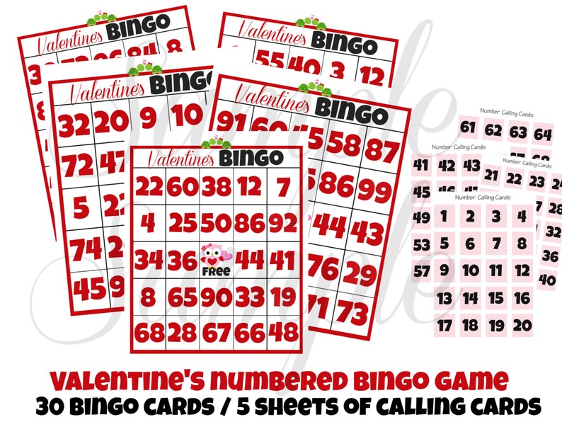 BINGO Valentines Day Numbered Bingo Game 30 Cards Printable - Etsy