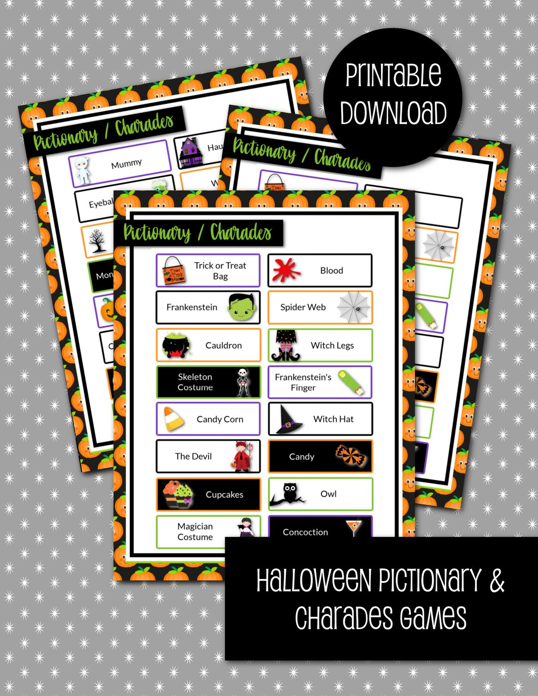 Halloween PICTIONARY & CHARADES Game Set - Digital Printable ...