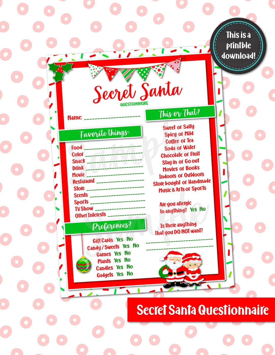 Printable Secret Santa Questionnaire | Christmas Party Game | Holiday ...