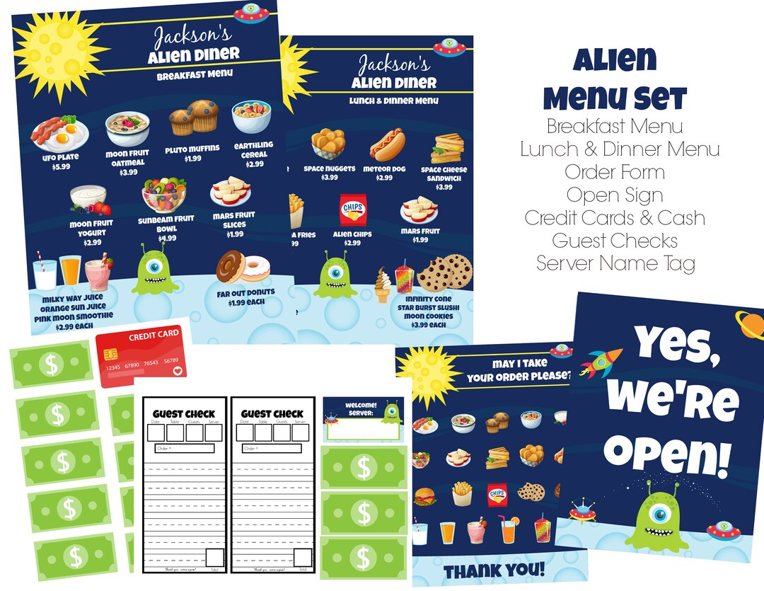 ALIEN Diner MENU - PERSONALIZED Dramatic Play Restaurant / Diner ...