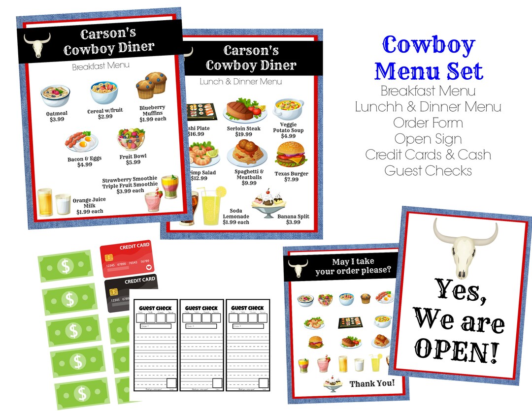 Cowboy Diner MENU Set / Kids Restaurant Cafe Diner Printable Download ...