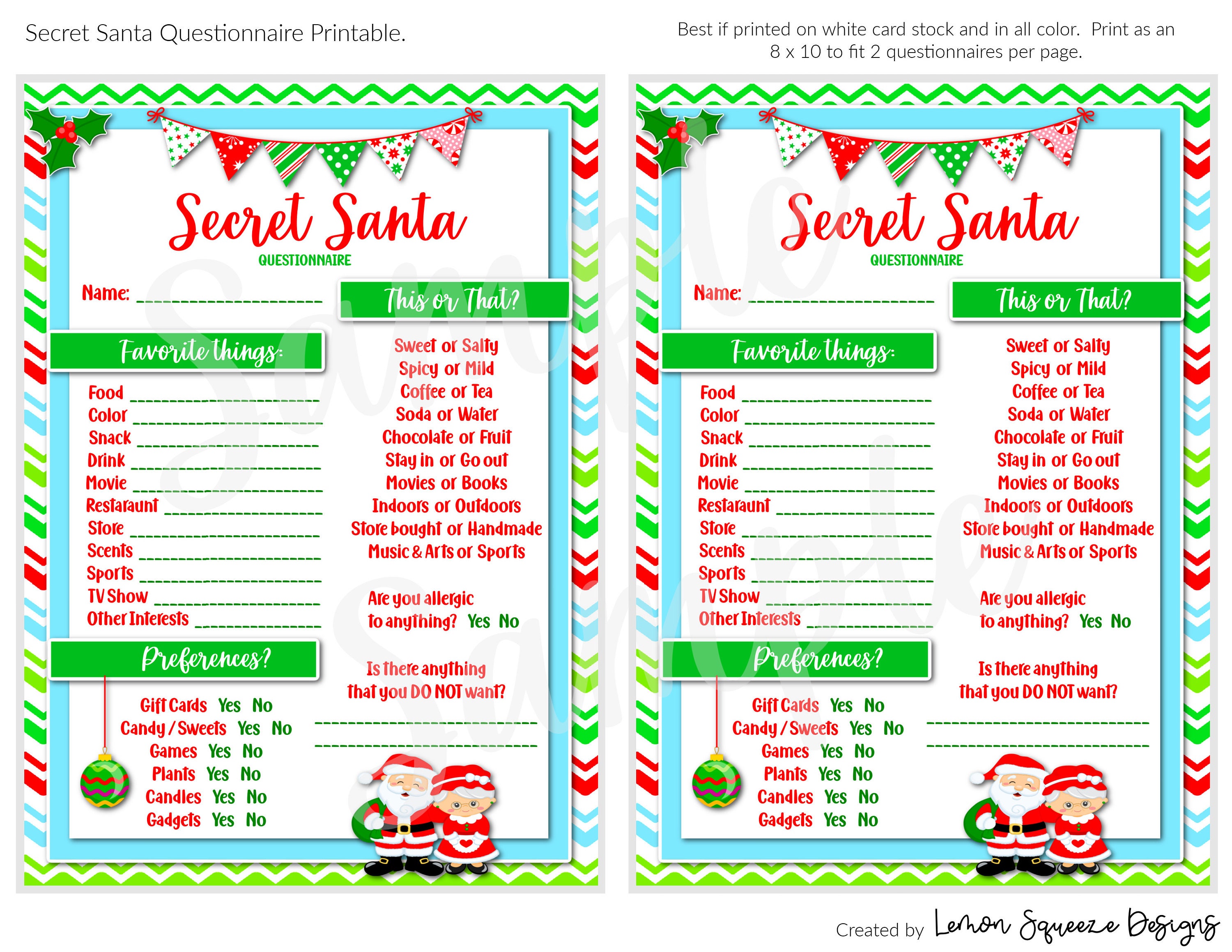 Secret Santa Questionnaire Printable | Christmas Party Game | Holiday ...