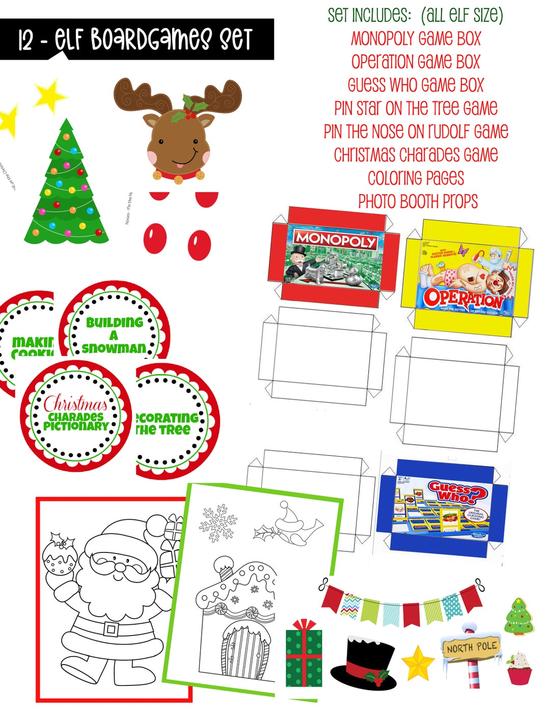 Elf Printable BOARD GAMES Coloring Charades Set Christmas Printable ...