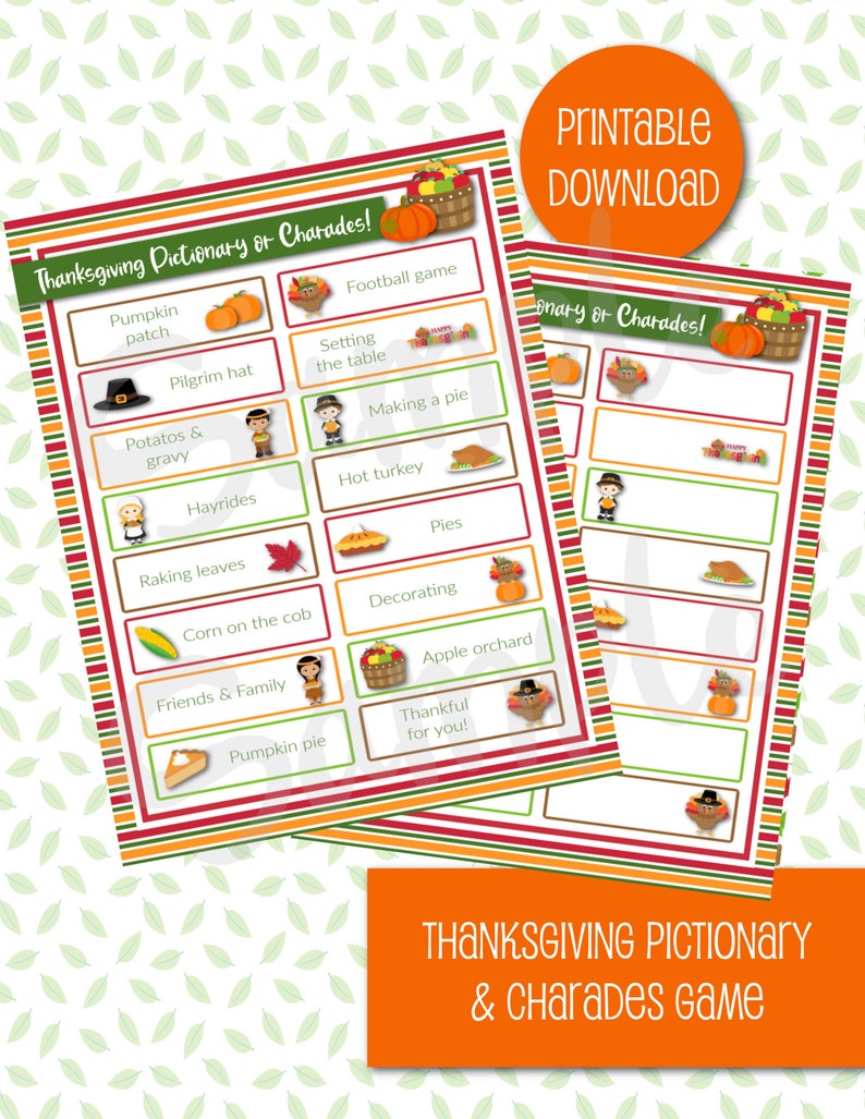 Thanksgiving Charades & Pictionary Game | Printable Family Party ...