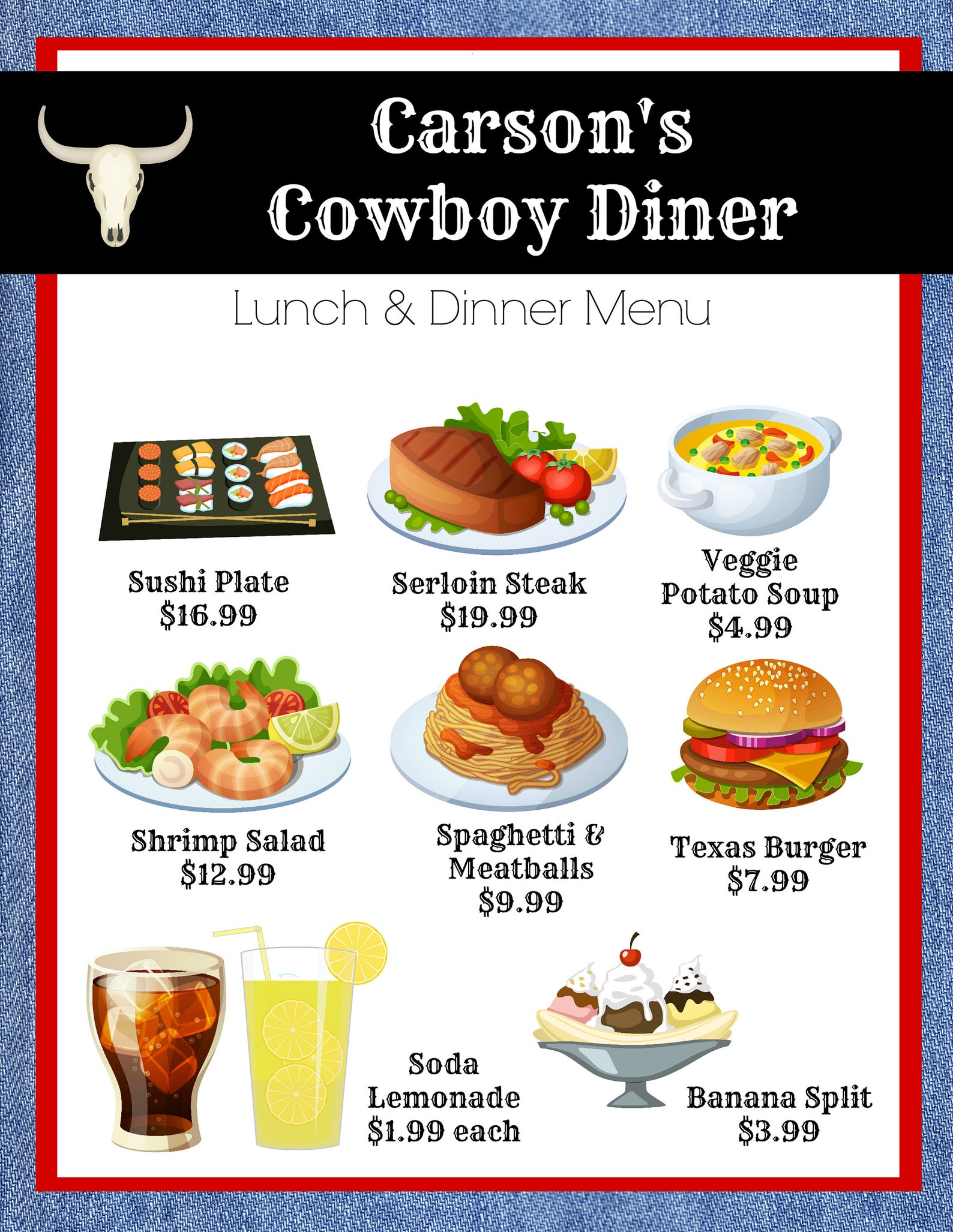 Cowboy Diner MENU Set / Kids Restaurant Cafe Diner Printable - Etsy