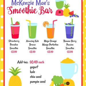 Smoothie Shop MENU Set - PERSONALIZED Dramatic Play Menu Restaurant ...