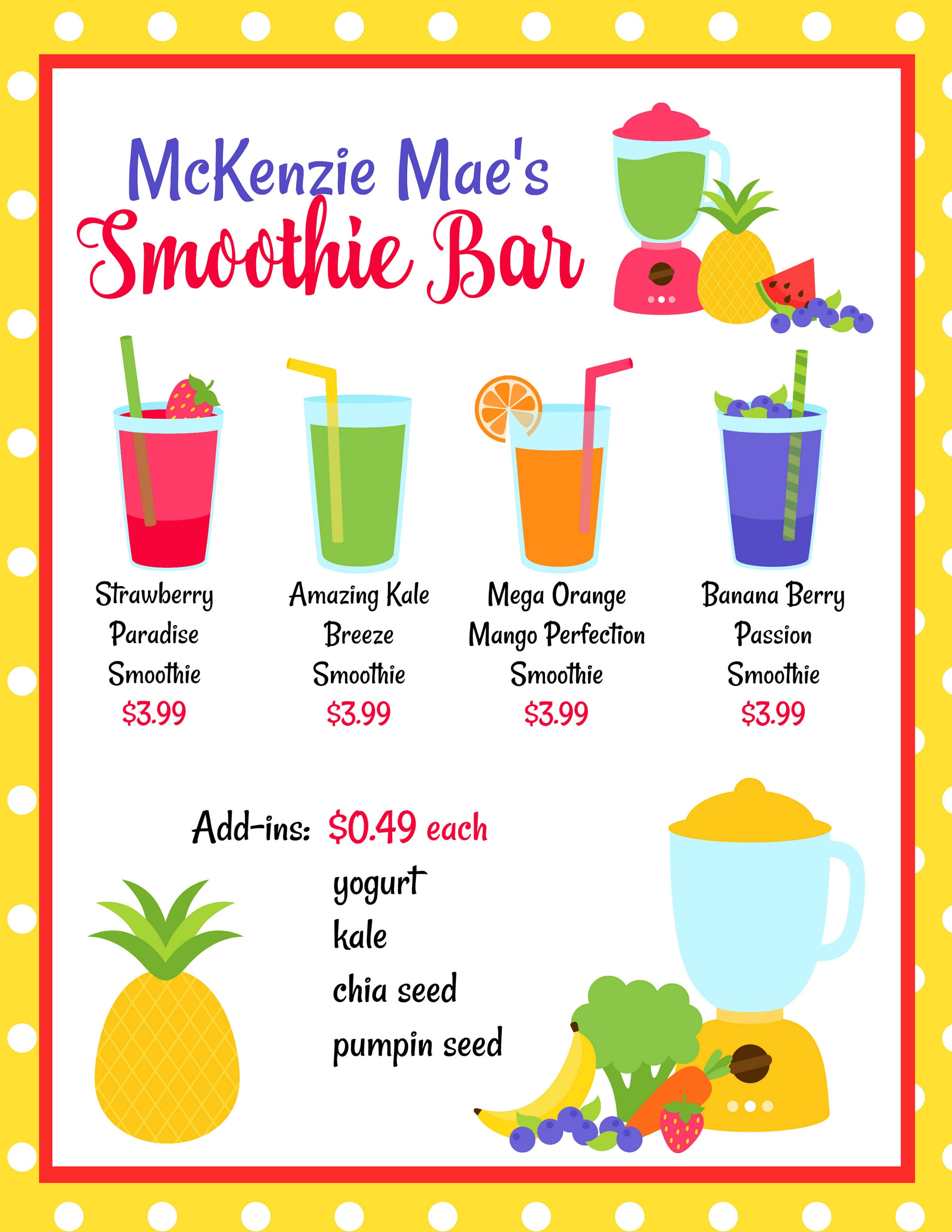 Smoothie Shop MENU Set - PERSONALIZED Dramatic Play Menu Restaurant ...