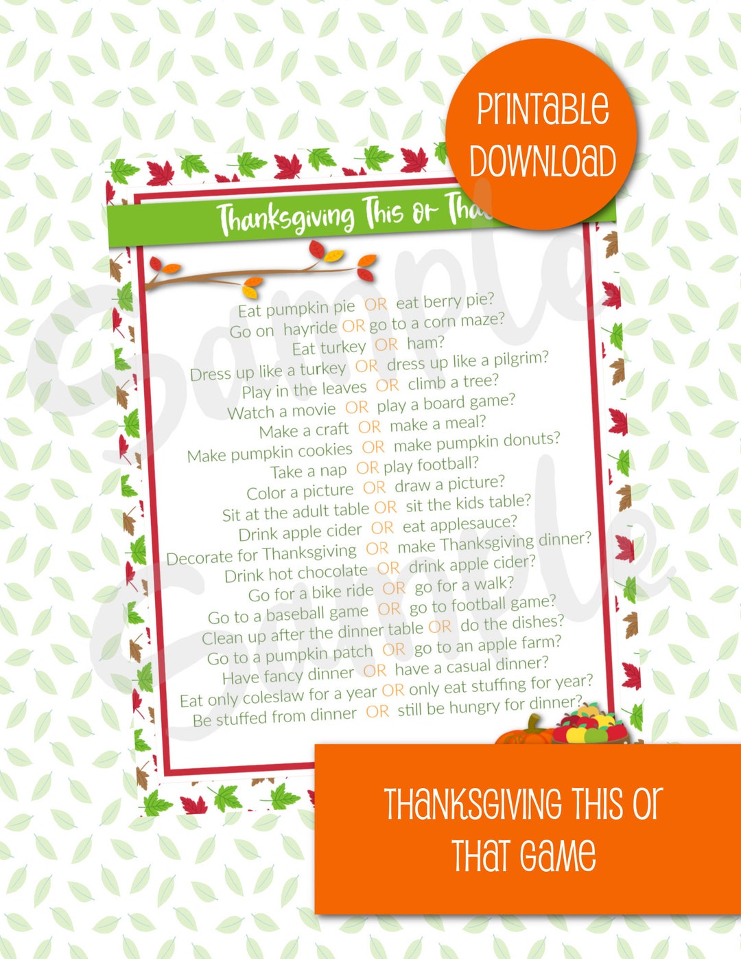 Thanksgiving THIS or THAT Activity Game Set - Digital Printable ...