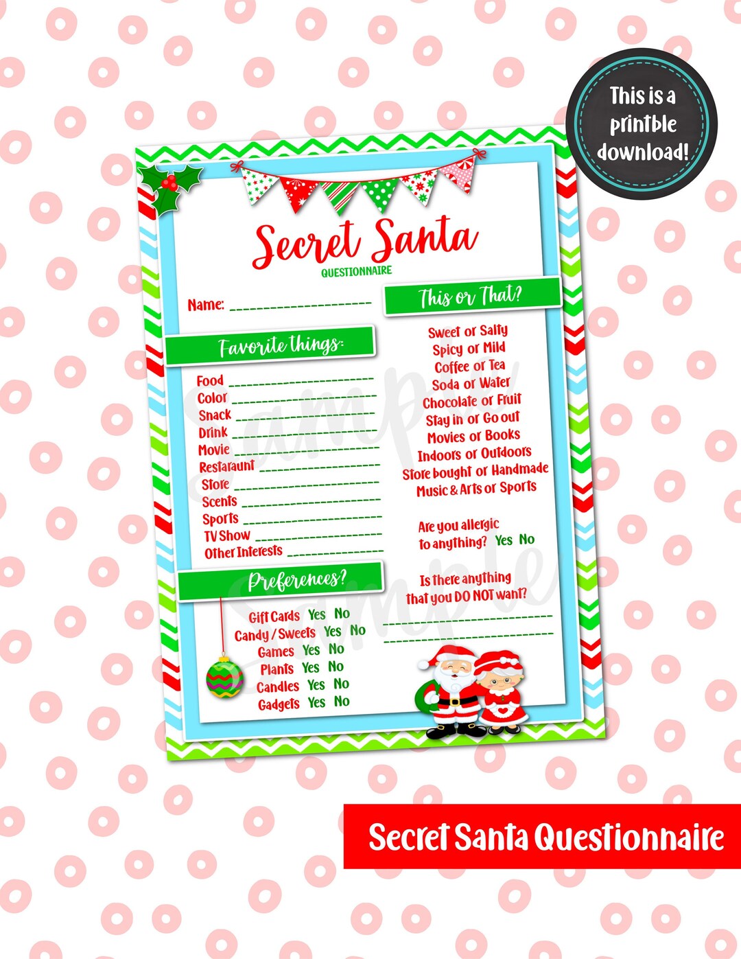 Secret Santa Questionnaire Printable | Christmas Party Game | Holiday ...