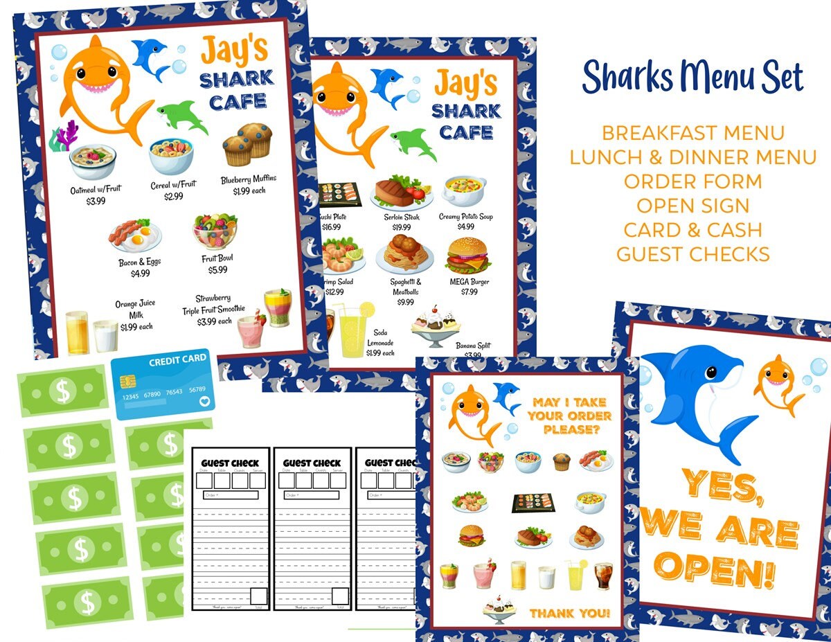 Sharks MENU Ocean Animals PERSONALIZED Dramatic Play - Etsy UK
