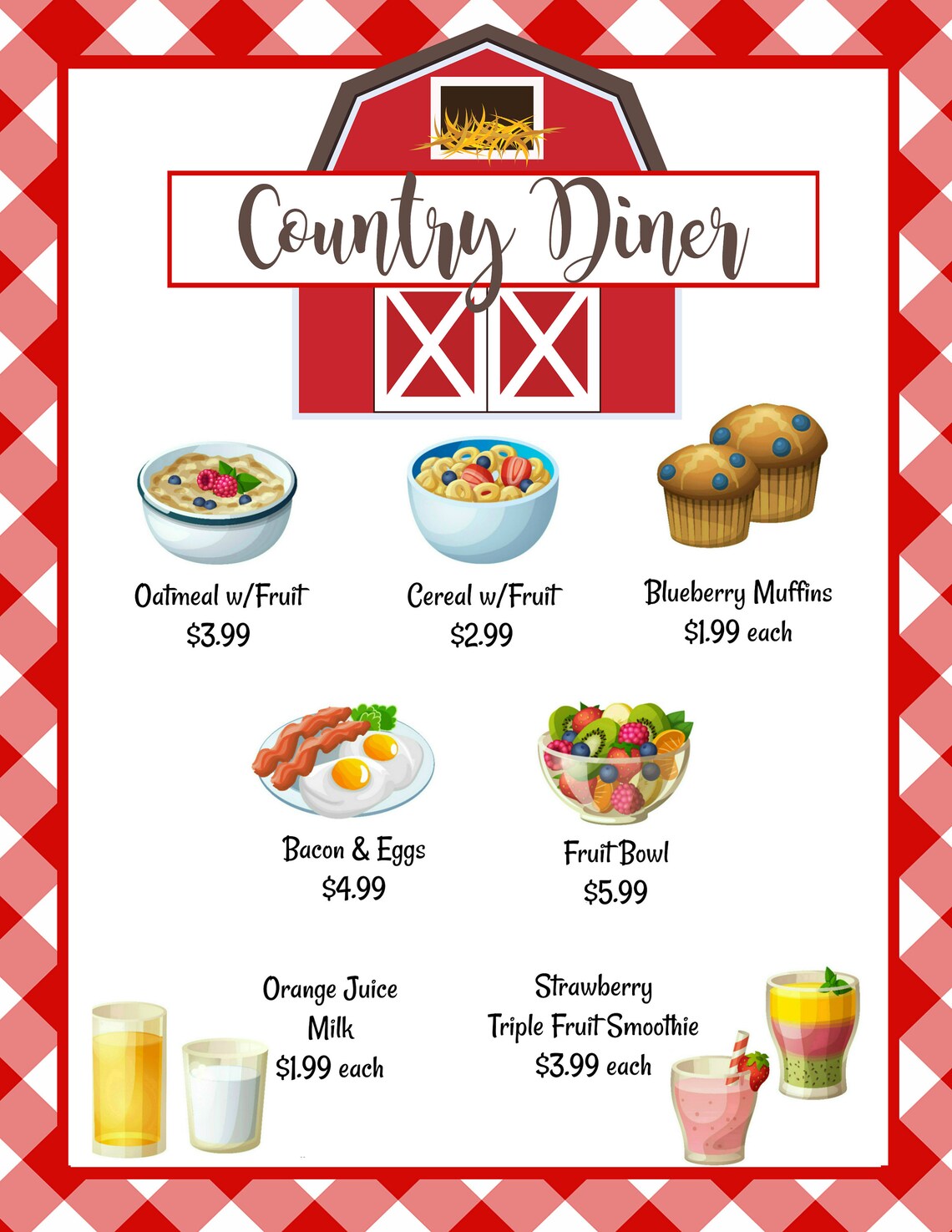 Farm House MENU Set PERSONALIZED Dramatic Play Restaurant / - Etsy