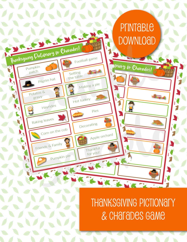 Thanksgiving Charades & Pictionary Game | Printable Family Party ...