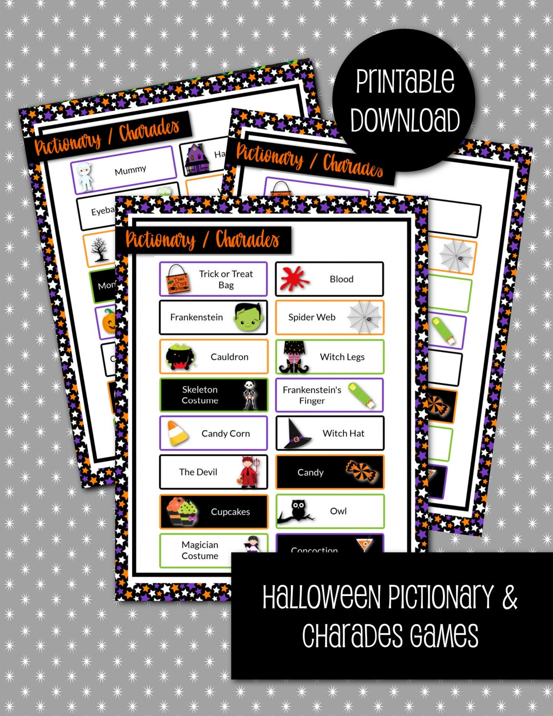 Halloween PICTIONARY & CHARADES Game Set - Digital Printable ...