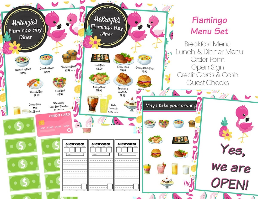 Flamingo Diner MENU Set - PERSONALIZED Dramatic Play Restaurant / Diner ...