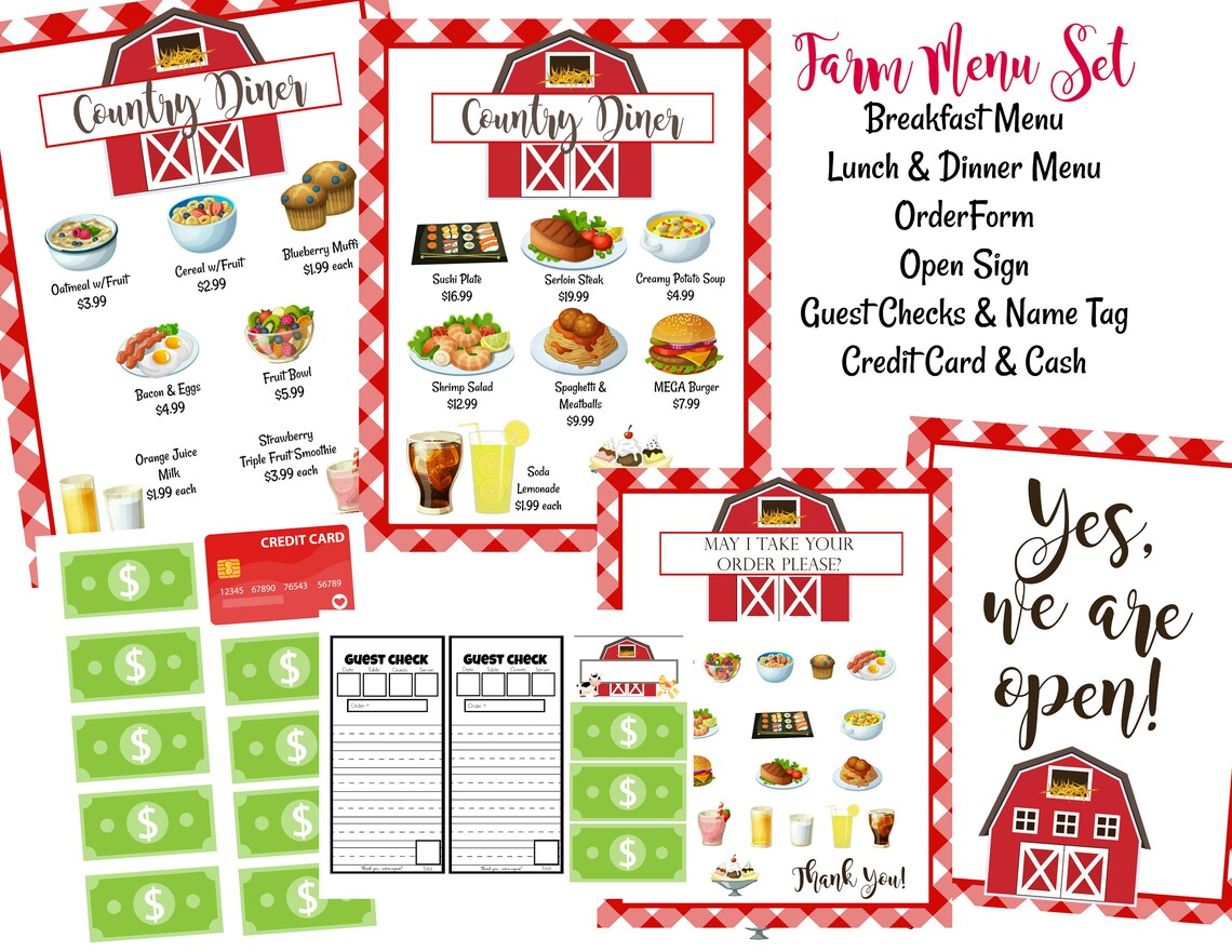 Farm House MENU Set PERSONALIZED Dramatic Play Restaurant / - Etsy