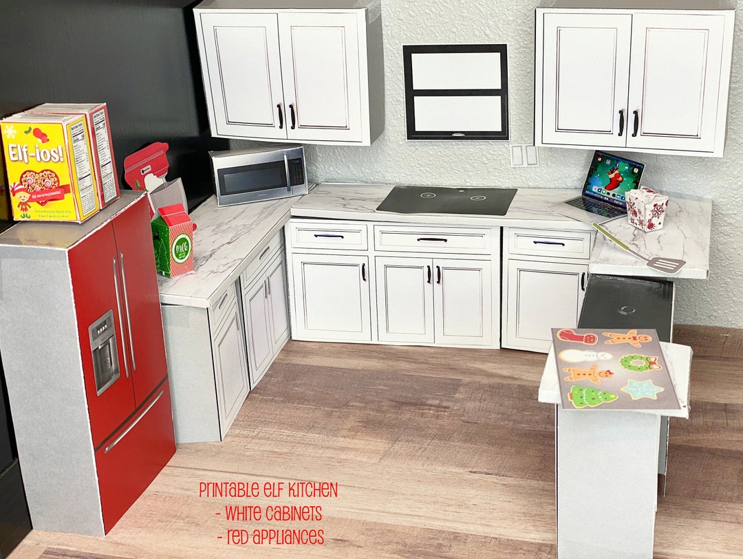 Elf KITCHEN Mini Elf Size RED Cabinets & Refrigerator Christmas Props ...