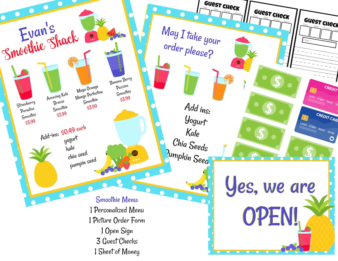 Smoothie Shop Printable MENU Set Printable Kids Cafe Diner PERSONALIZED ...