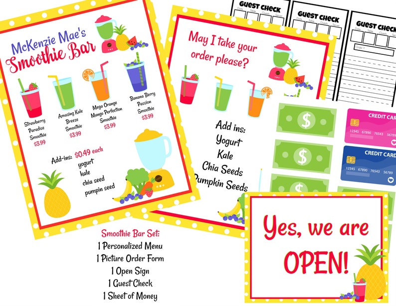 Smoothie Shop MENU Set PERSONALIZED Dramatic Play Menu | Etsy
