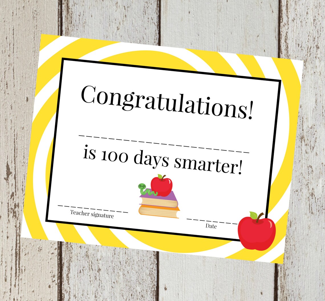 Yellow 100th Day of School Yellow Congrats Certificate - Etsy