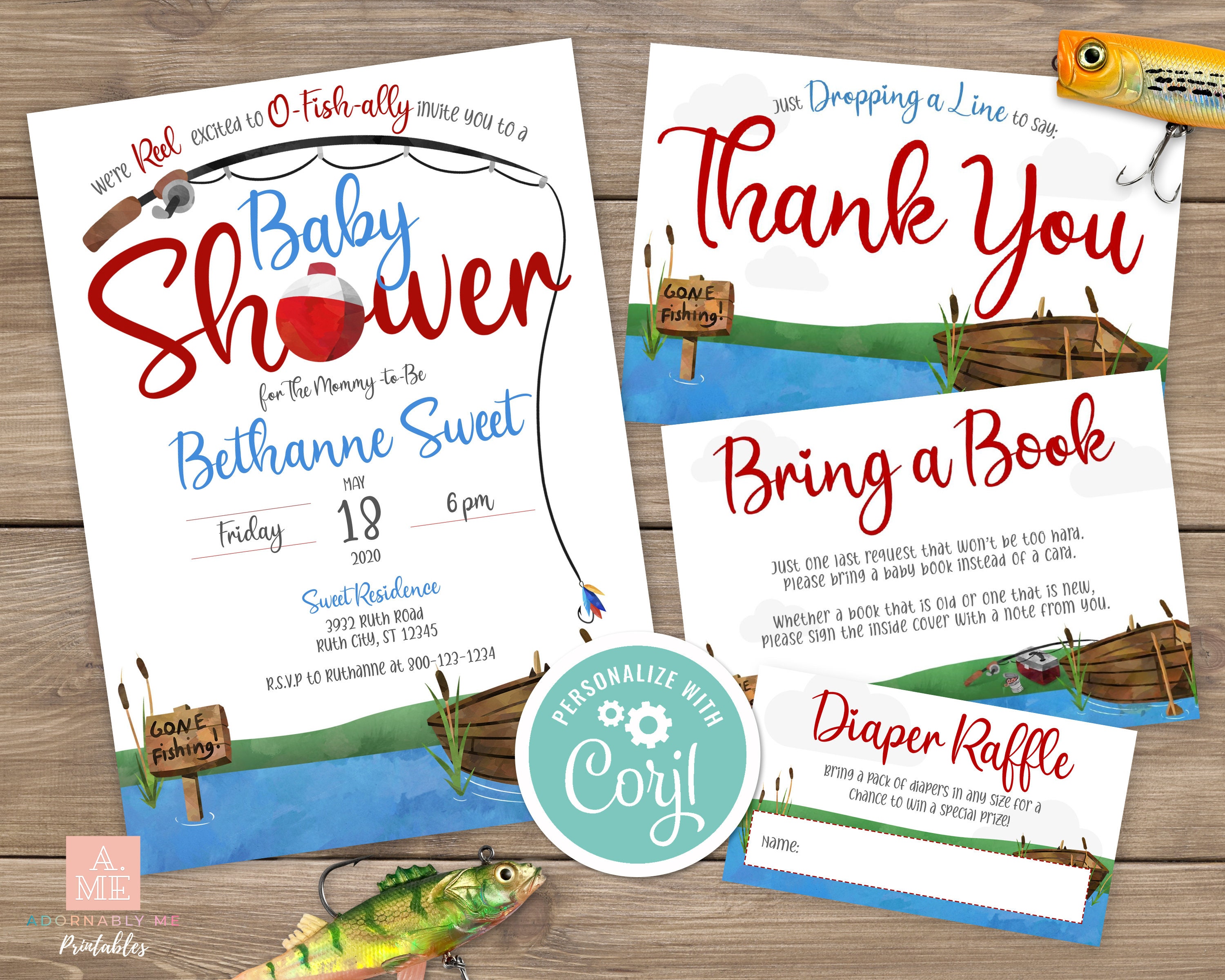 Fishing Baby Shower Invite-boy, Book Card, Thank You Card, Diaper ...