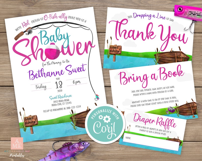 Girl Fishing Baby Shower Invite Book Card Thank You Card and Diaper ...