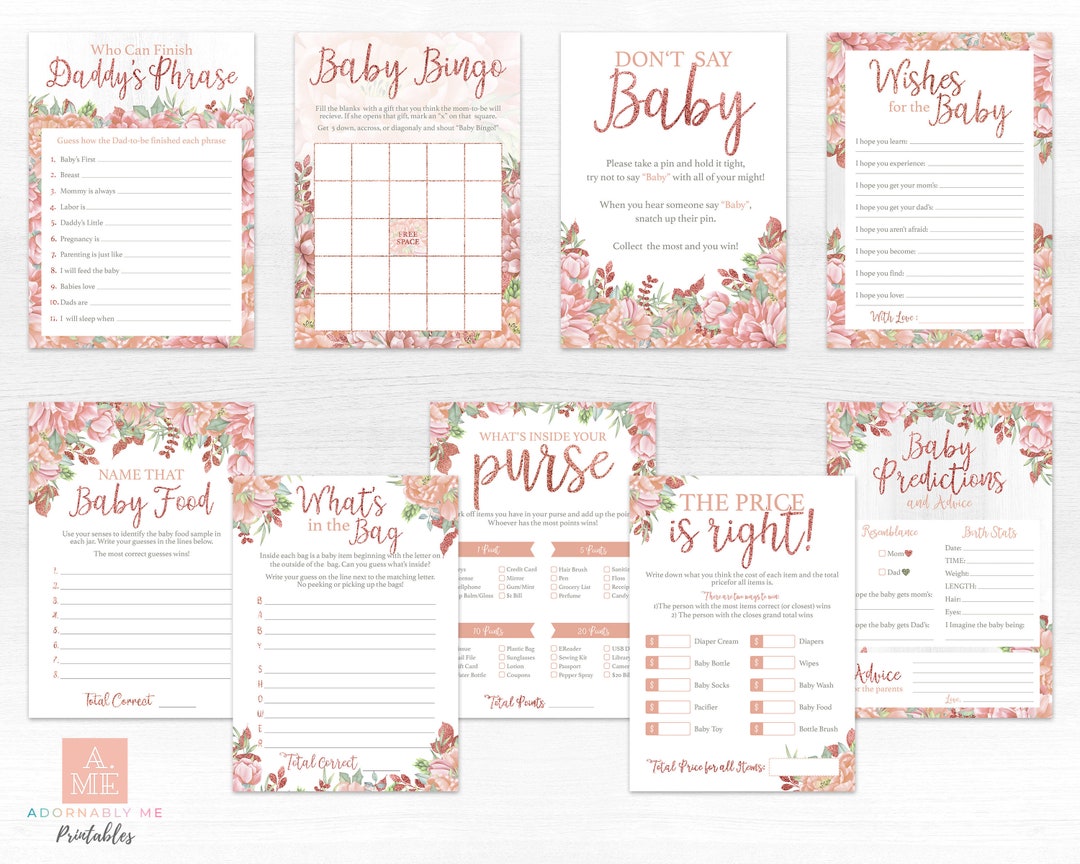 Pink Floral Baby Shower Game Package, Coral Floral Baby Shower, Blush ...