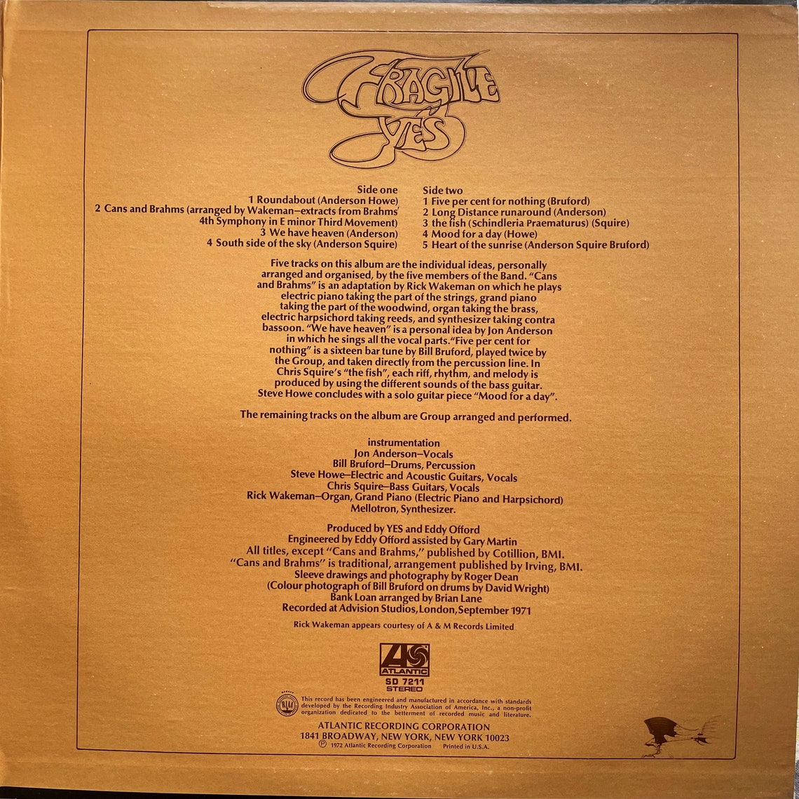 Vintage Rock LP: Fragile by Yes Gatefold Insert Atlantic - Etsy