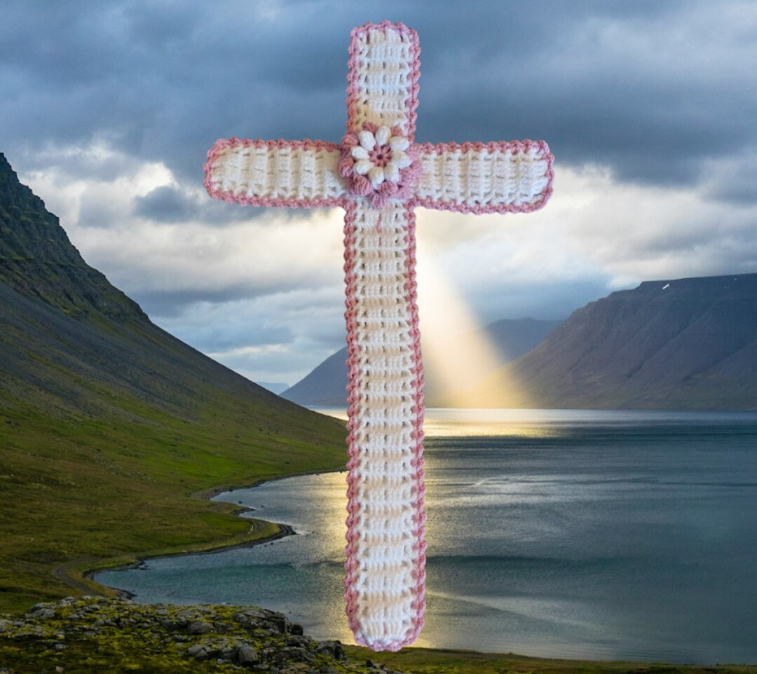 Pink Crochet Cross W/heart Xl-/alter/burial/church/crochet Cross/dia De ...