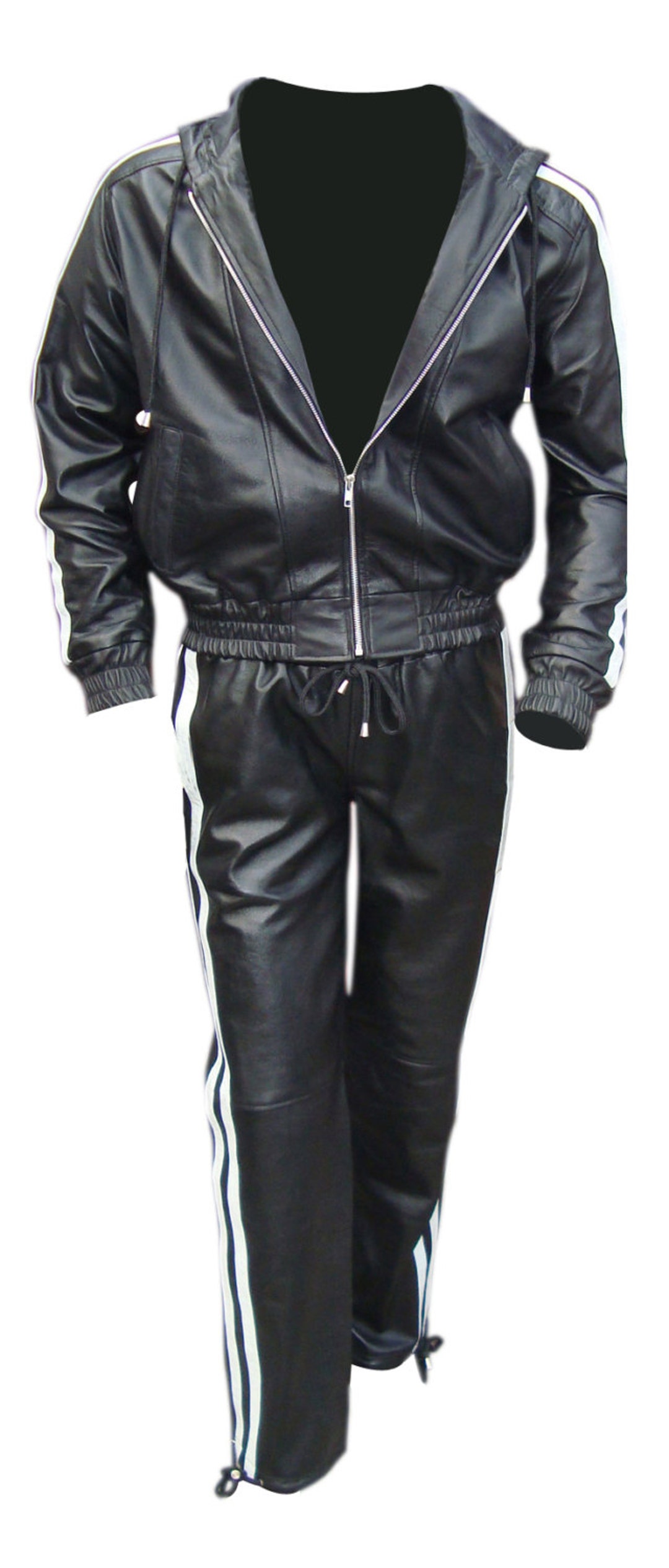 Real Leather Track Suit With Hood in Black With 2 White Stripes With ...
